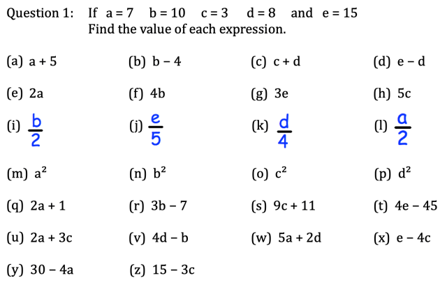 Substituting Values Into Algebraic Expressions Worksheet
